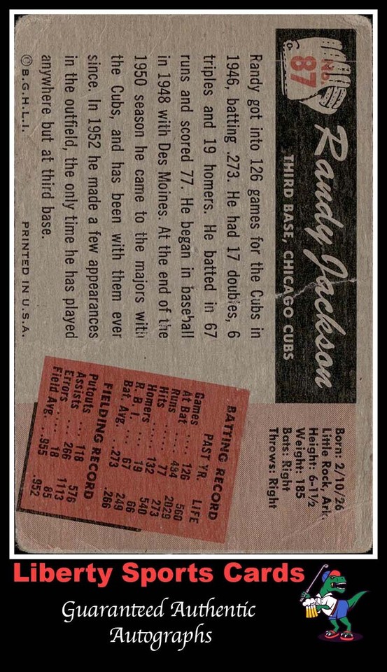 1955 Bowman Randy Jackson #87 Authentic Autographed Card Chicago Cubs ...