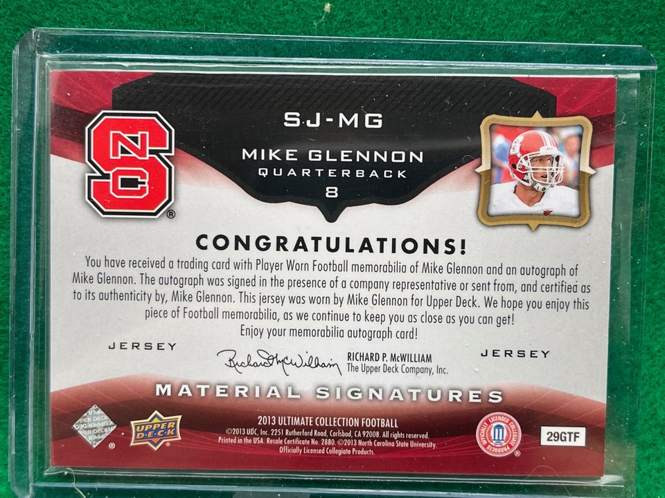 Mike Glennon 2013 Material Signatures NC STATE WOLFPACK SJ-MG AUTO RC ...