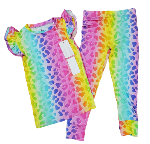 NWT Bums & Roses Girls 2 Piece Pajama Set Rainbow Leopard Cheetah Print ...