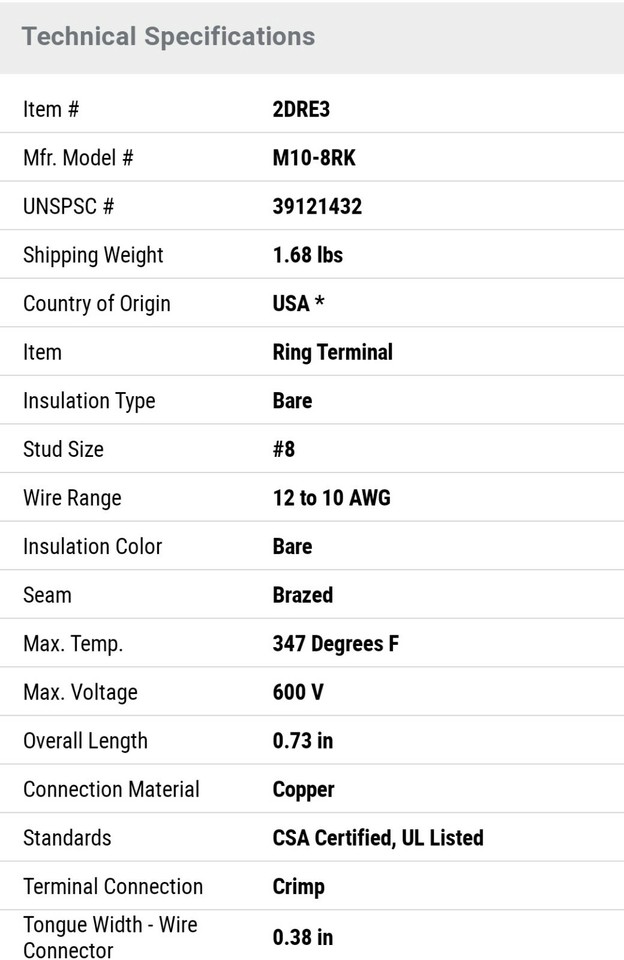 3M M10-8Rk 12-10 Awg Non-Insulated Ring Terminal #8 Stud Pk500 | eBay