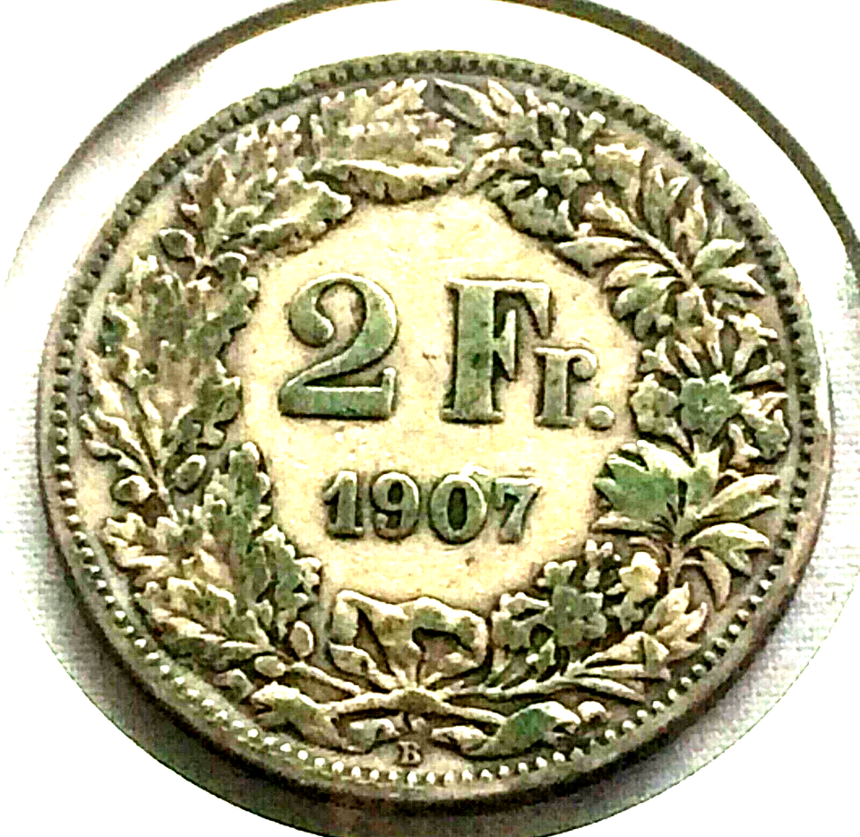 1907-B SWITZERLAND 2 FRANCS WORLD SILVER COIN SWISS .835 HELVETIA LADY ...
