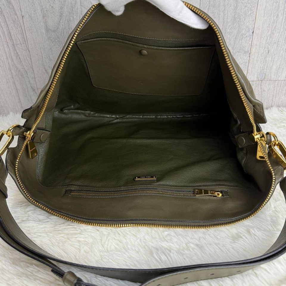 MIU MIU leather Shoulder bag Vintage Khaki Gold Logo Authe Good ...