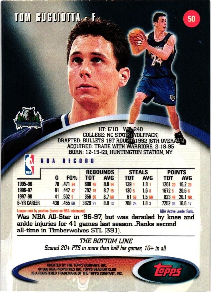 1998-99 Stadium Club Tom Gugliotta #50 Timberwolves NrMt | eBay
