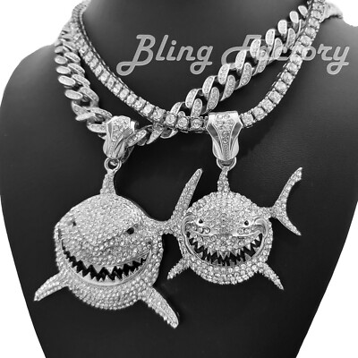 6ix9ine Silver PT Iced Shark Pendant & 18" Iced Cuban & 1 Row Chain ...