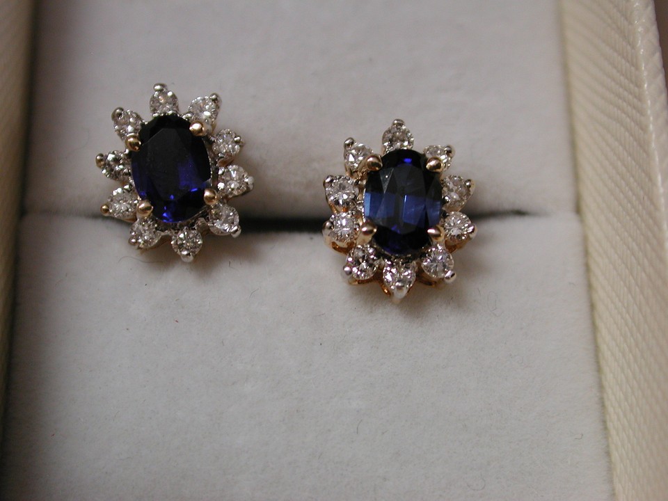 14KT yellow Diamond and Sapphire stud cluster 9 x 12 mm earrings | eBay