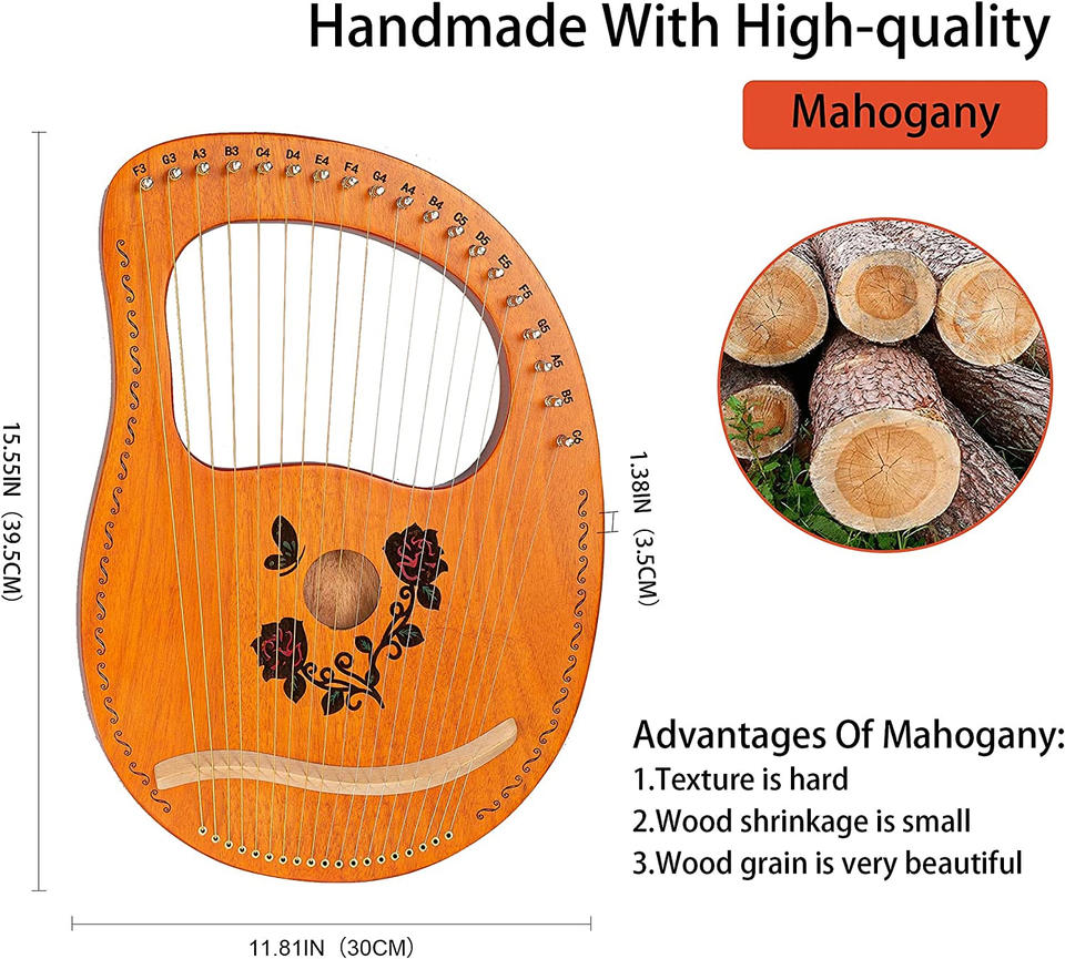 Lyre Harp 19 String Wood Rose Harp Portable Solid Mahogany Harp String ...