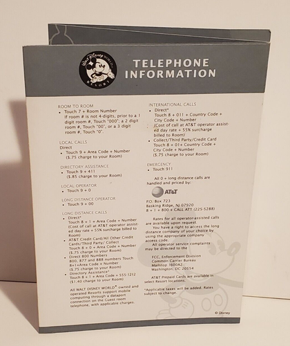WALT DISNEY WORLD RESORT GUEST AT&T TELEPHONE CALLING INFO CARD MULTI ...