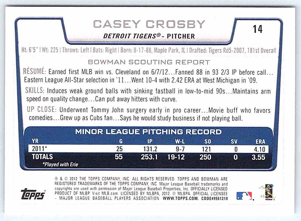2012 Bowman Casey Crosby #14 Baseball Card | eBay