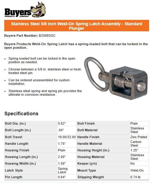 Buyers SaltDogg Spinner Chute Assembly Spring Latch Stainless Pin Tube ...
