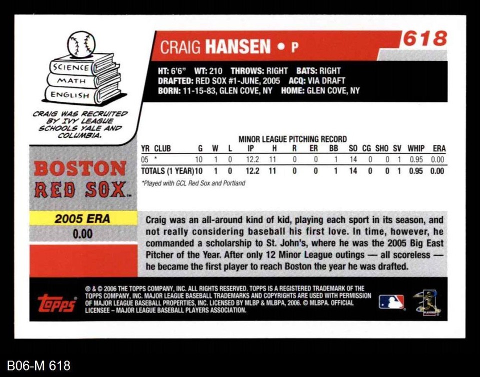2006 Topps #618 Craig Hansen RC Card Red Sox RC 8 - NM/MT | eBay