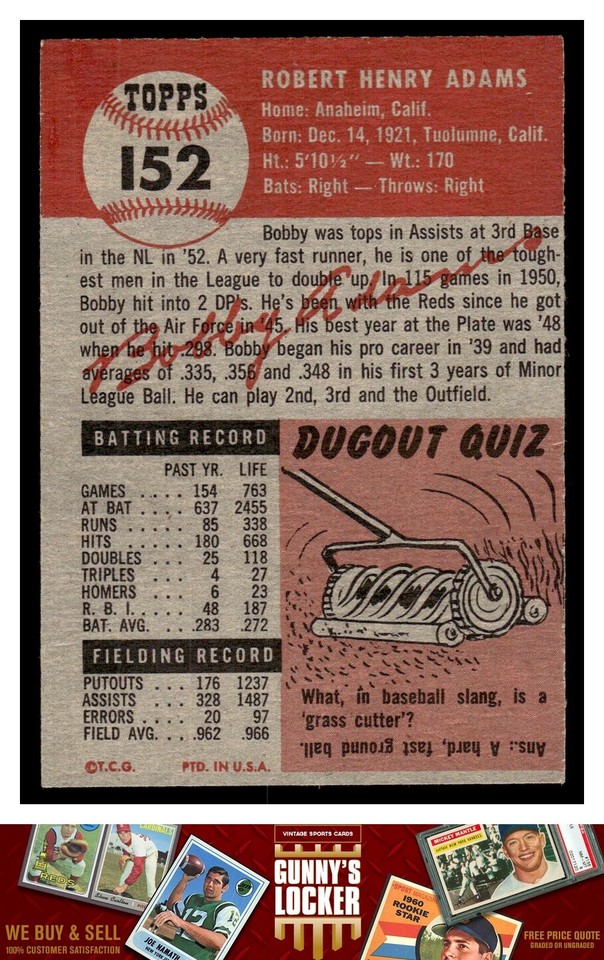 1953 Topps Bobby Adams 152 Cincinnati Reds | eBay