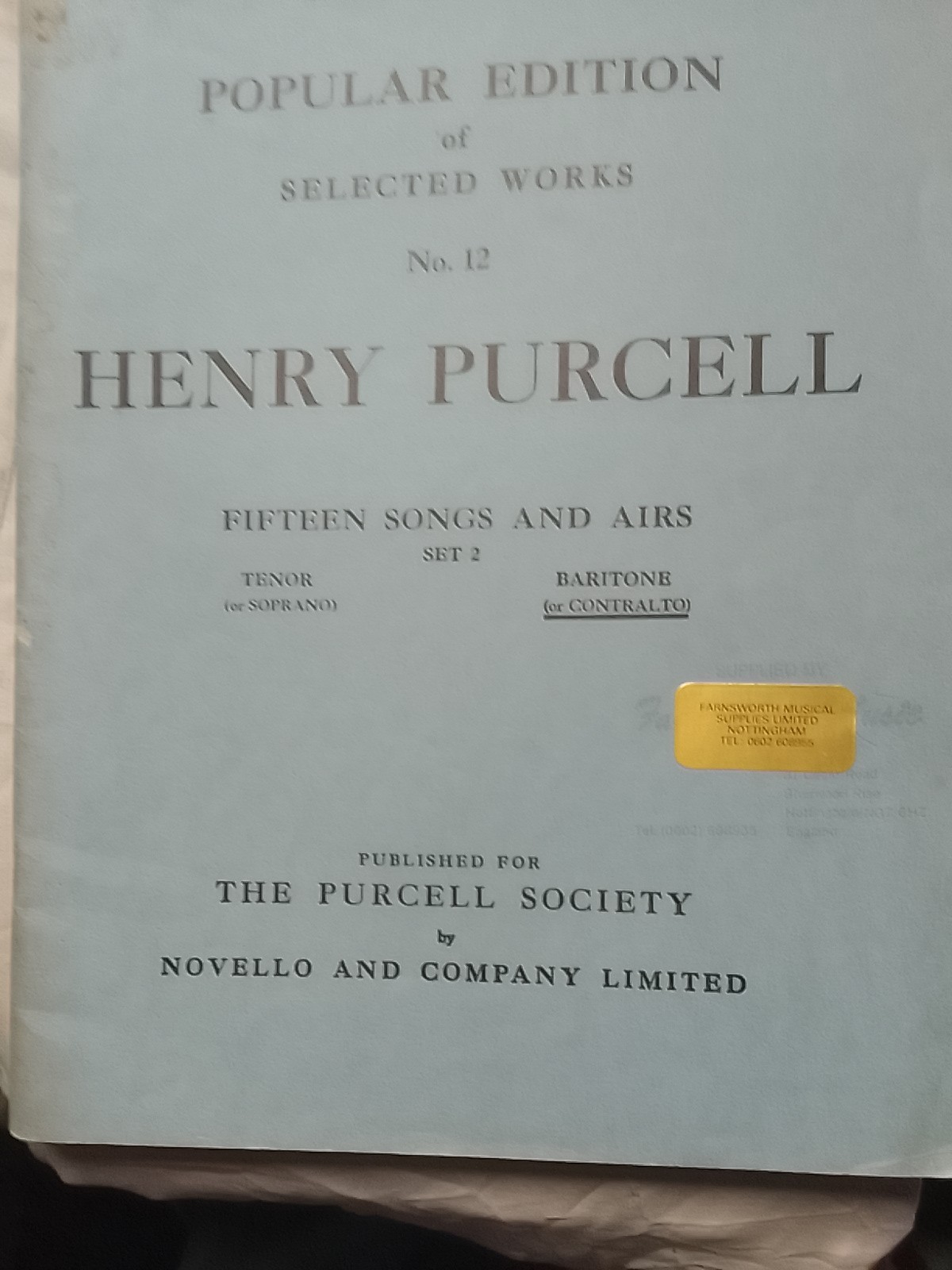 PURCELL 15 SONGS AND AIRS-AS NEW PBK- -SEE ACTUAL PHOTOS=FREE POSTAGE ...
