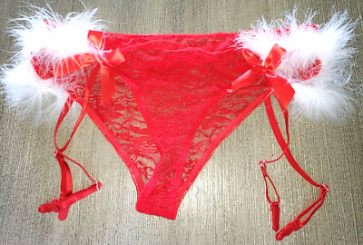 women NEW NWOT sexy red THONG PANTY GARTERS XL FEATHERS BOWS sheer lace ...