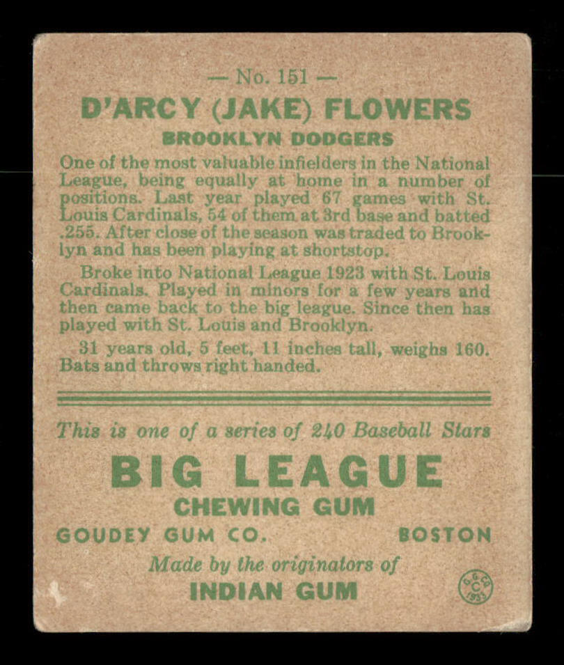 1933 World Wide Gum D'Arcy "Jake" Flowers #81b Brooklyn Dodgers Great ...