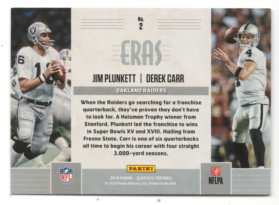 Jim Plunkett/Derek Carr 2018 Classics Eras Gold/ 99 #2 Numbered Insert ...