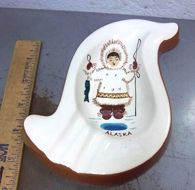 Unique Alaska Souvenir, Ceramic Ashtray W Eskimo & Fish Artwork ...