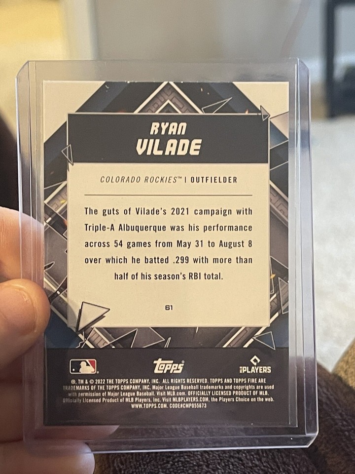 2022 TOPPS FIRE RC Ryan Vilade #61 Baseball Rookie Colorado Rockies RC ...