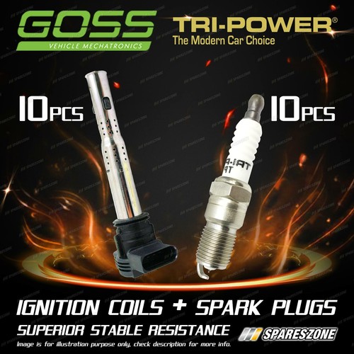 10 GOSS Ignition Coils + 10 Tri-Power Spark Plugs for Audi R8 GT CMP 5 ...
