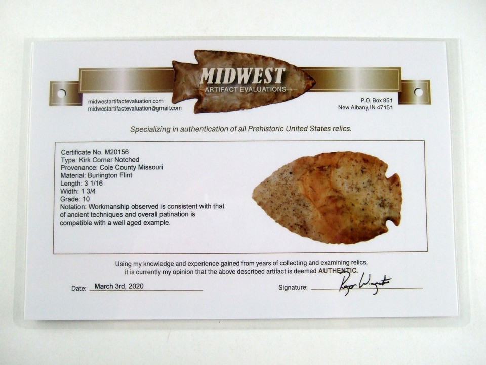 Super Fine 3 1/16 inch Missouri Kirk Corner Notch with COA Arrowheads Artifacts | eBay