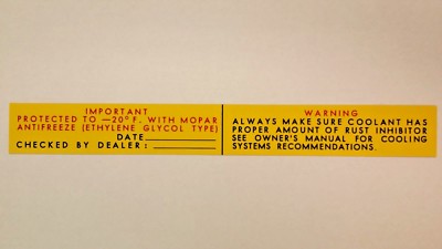 Mopar Dodge Plymouth Chrysler Radiator/Coolant Decal 1964 1965 1966 ...