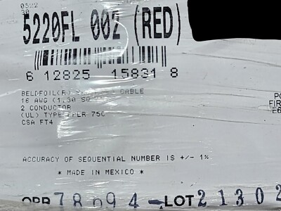 Belden Wire 5220FL 16/2C Solid Shielded Riser Fire Alarm Cable Red ...