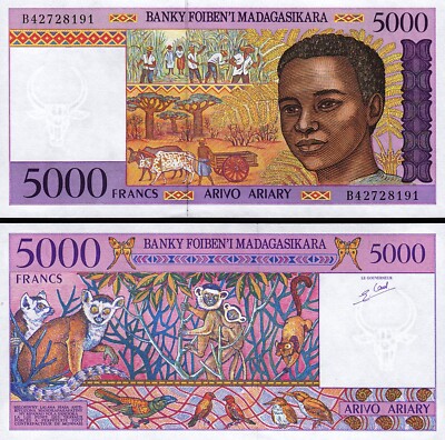 Madagascar, 5000 Francs 1995, UNC-, P-78b, Prefix B, Young Male | eBay