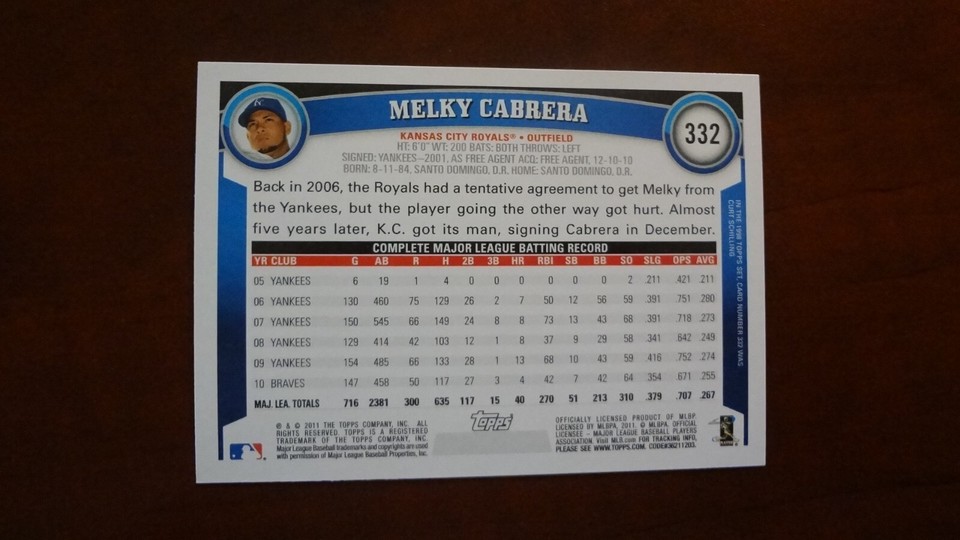 2011 TOPPS # 332 MELKY CABRERA BASEBALL CARD | eBay