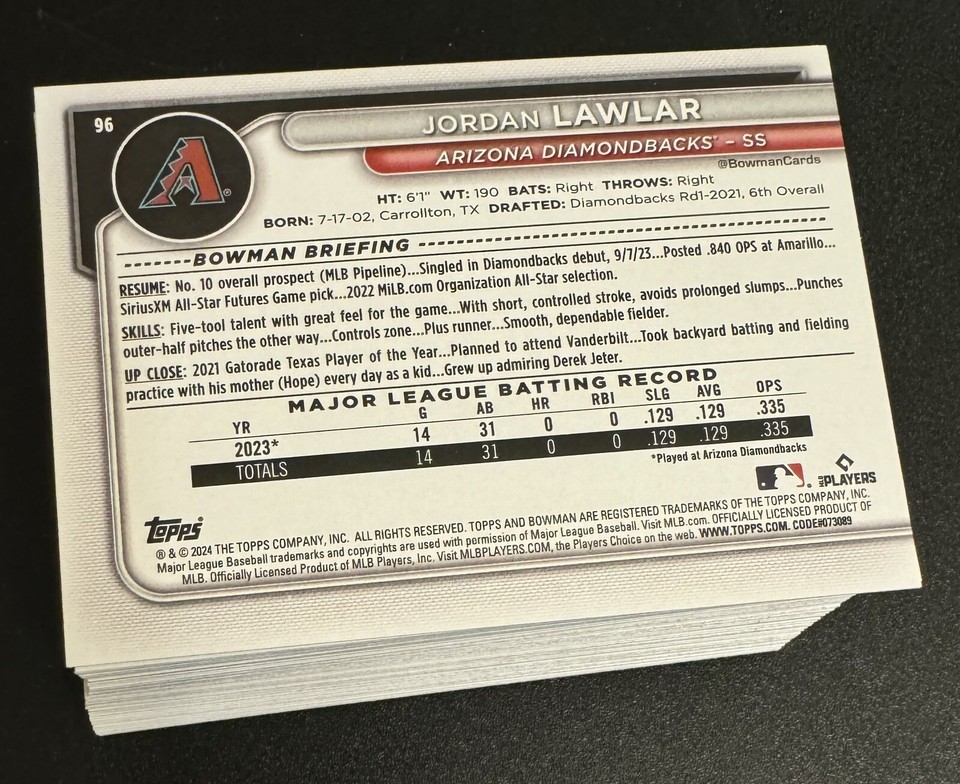 (71) Jordan Lawler 2024 Bowman ROOKIE BULK Lot #96 - Arizona ...