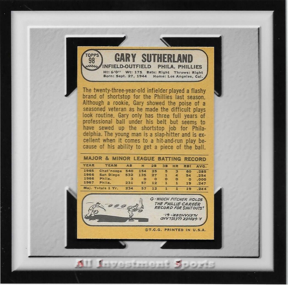 1968 Topps GARY SUTHERLAND #98 MINT *superb investment baseball card ...