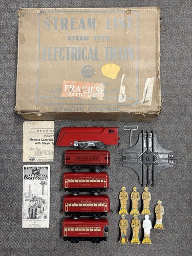 + Marx O Red Commodore Vanderbilt Wind Up Locomotive 3 Car Set w/ 7 Tin ...