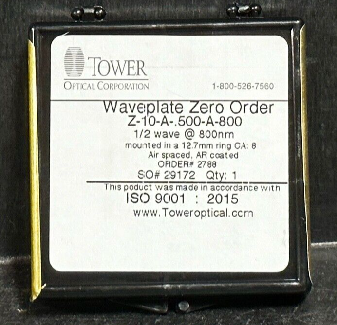 TOWER OPTICAL Z-10-A-.500-A-800 Waveplate Zero Order 1/2 wave @ 800nm | eBay