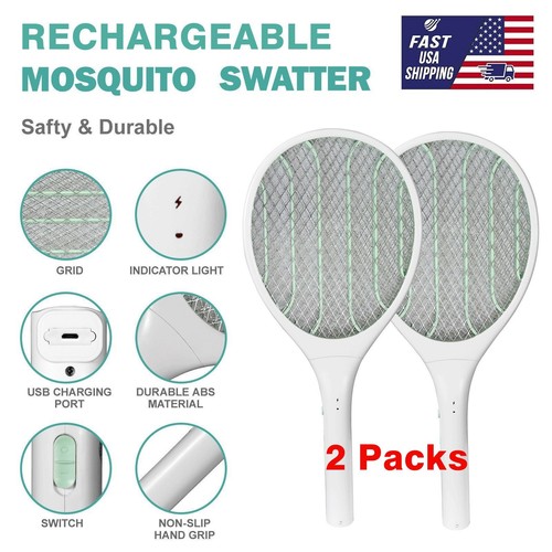 2PK Rechargeable USB Mosquito Insect Fly Swatter 3-Layer Bug Zapper ...