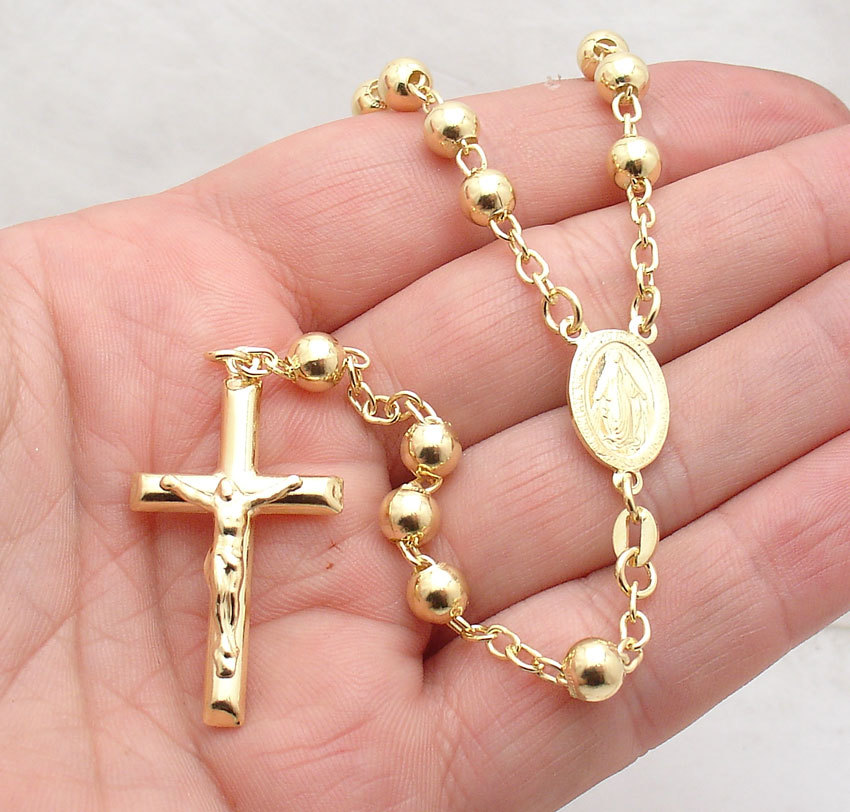 26" 6mm Technibond Rosary Chain Necklace 14K Yellow Gold Plated ...