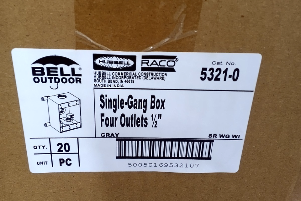 Hubbell Bell 5321-0 Single Gang Box 4 Outlets Gray 1/2" Lot Of 20 | eBay