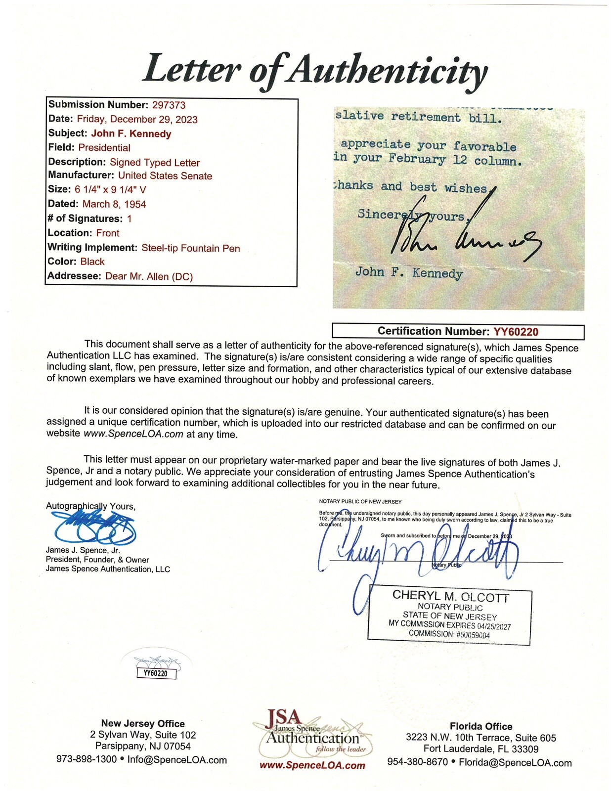 President Senator John F Kennedy Letter Of Authenticity Rare! JSA LOA ...