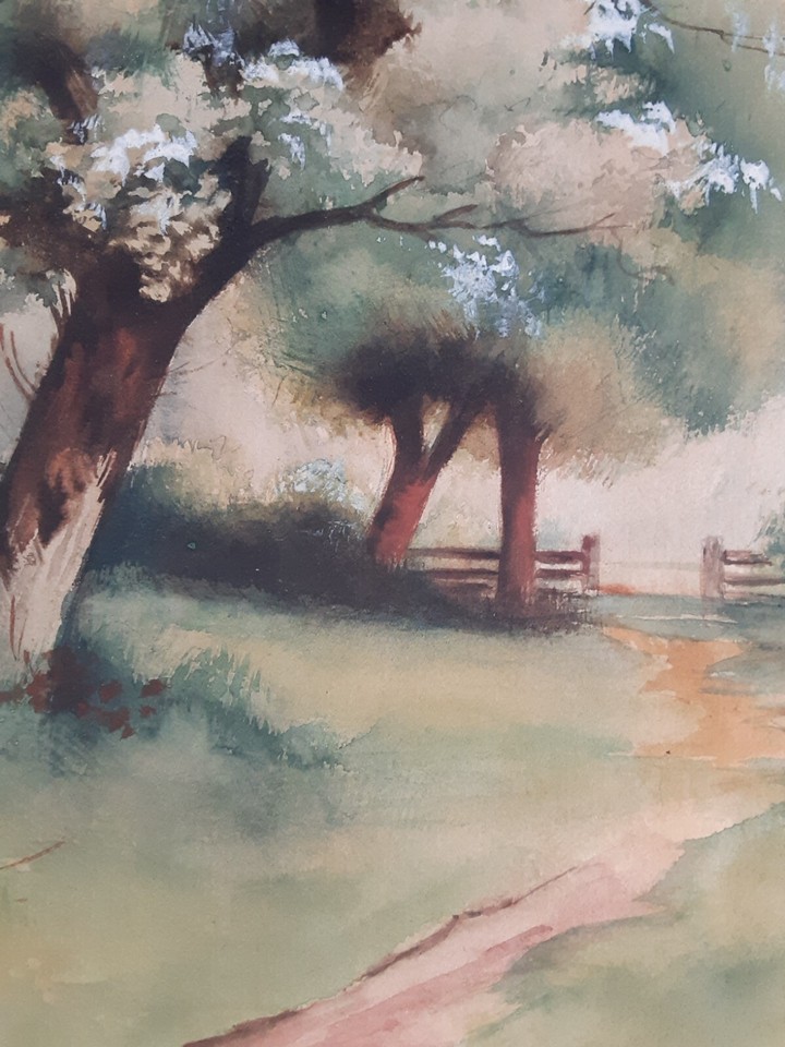 Vintage rural country spring painting Americana landscape farm house ...