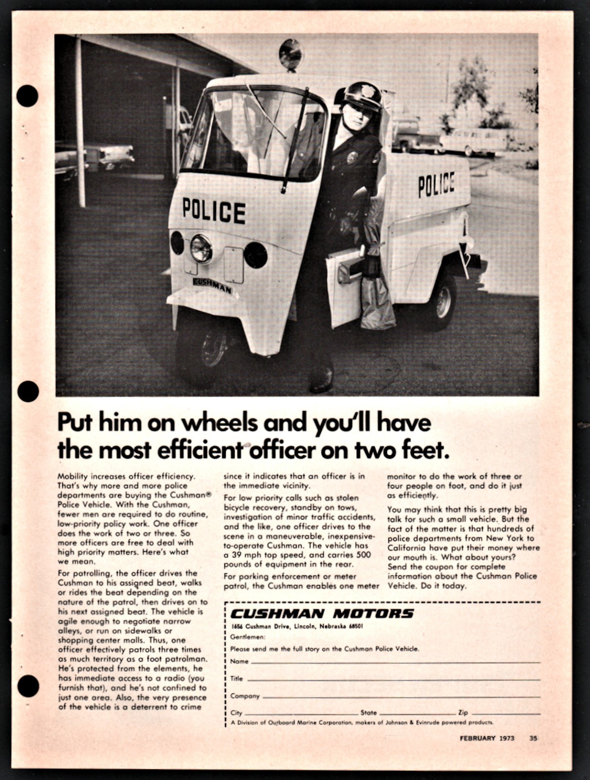 1973 CUSHMAN 3-wheeled Police Vehicle Photo AD | eBay