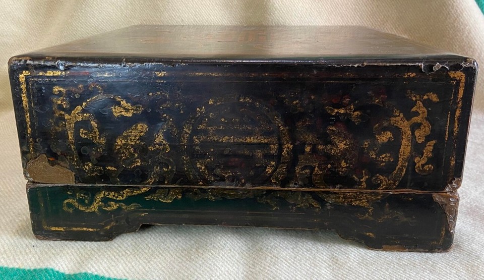 Antique Chinese Laquer Box Bats 1800 Lucky Long life Shou Black gold 5 ...