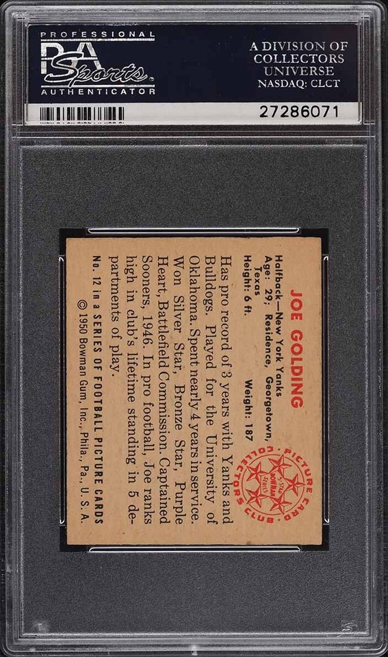 1950 Bowman FB Card # 12 Joe Golding New York Yanks ROOKIE RC PSA 7 ...