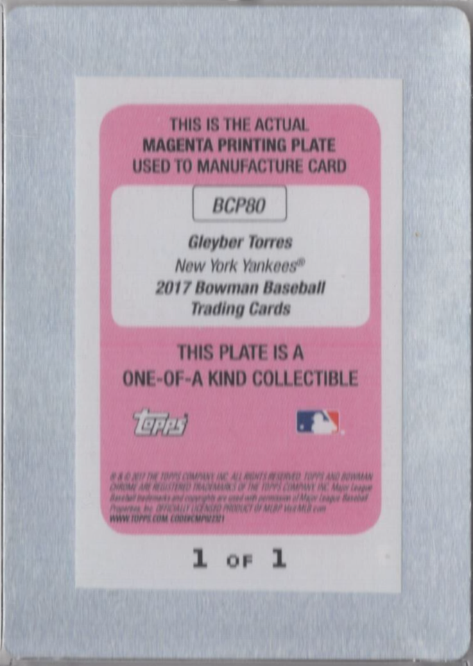 2017 Bowman - Gleyber Torres Prospect Magenta printing Plate 1/1 ...