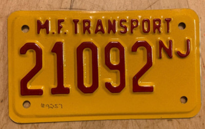 NEW JERSEY MOTOR FUELS TRANSPORT MOTORCYCLE CYCLE LICENSE PLATE " 21092 ...