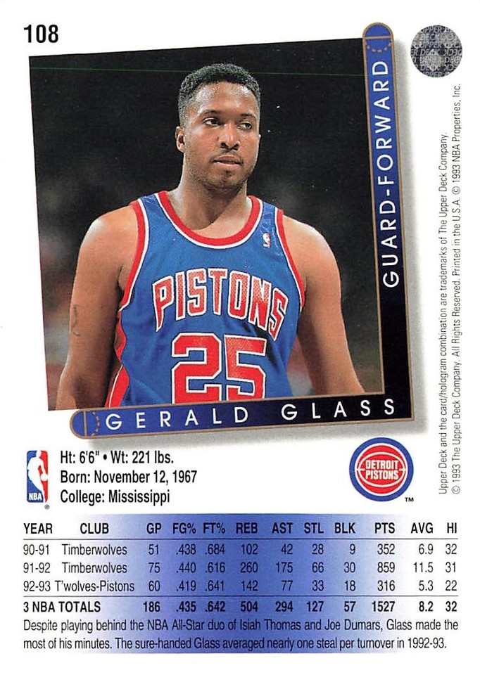 1993 Upper Deck #108 Gerald Glass Detroit Pistons | eBay
