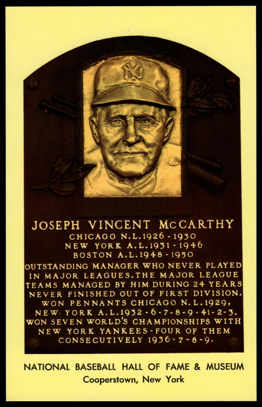 Joseph Vincent McCarthy Baseball Hall of Fame Postcard Curteichcolor ...