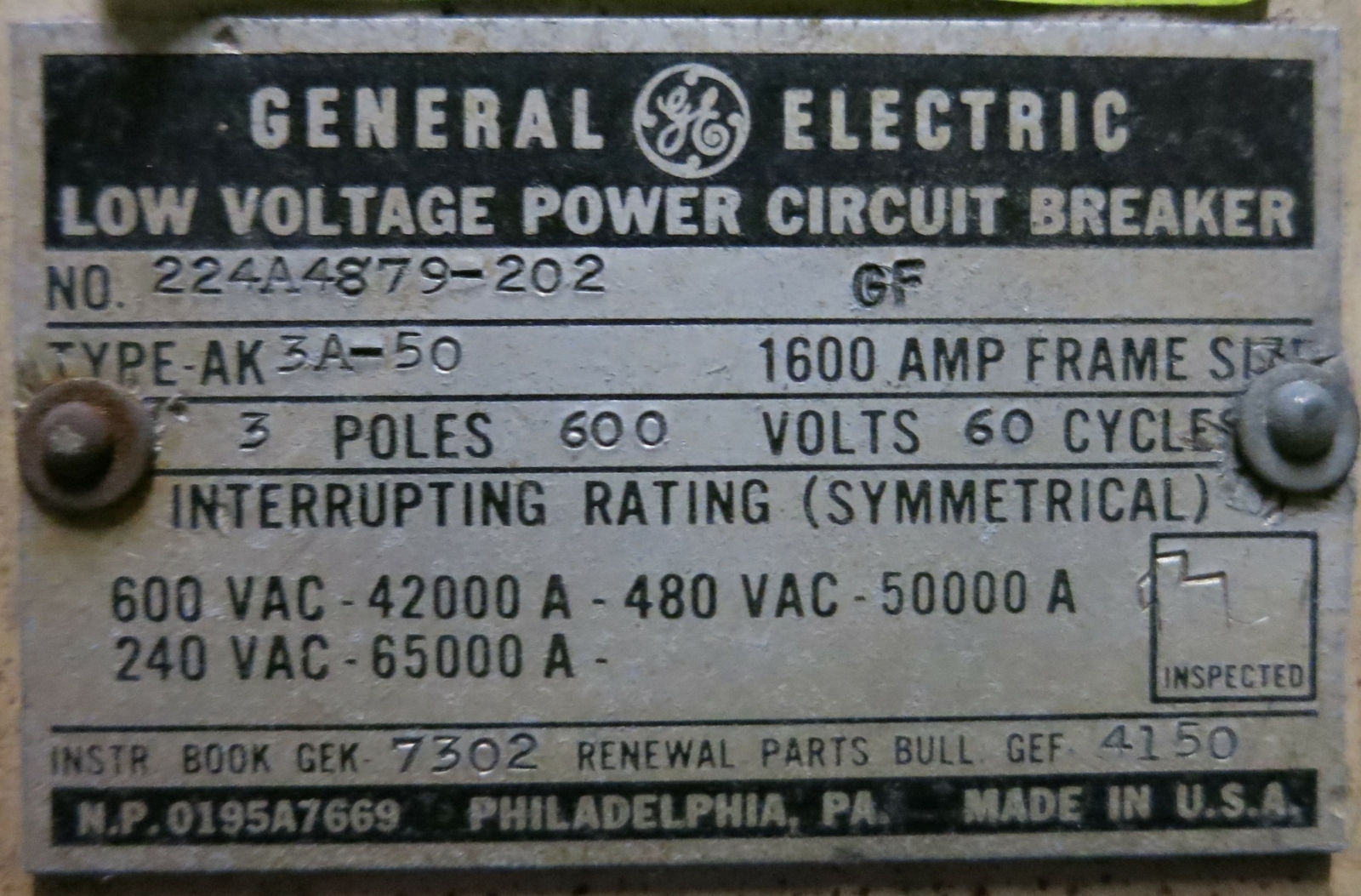 GE Power Circuit Breaker Ak-3a-50 1600a 600vac 3 Pole for sale online ...