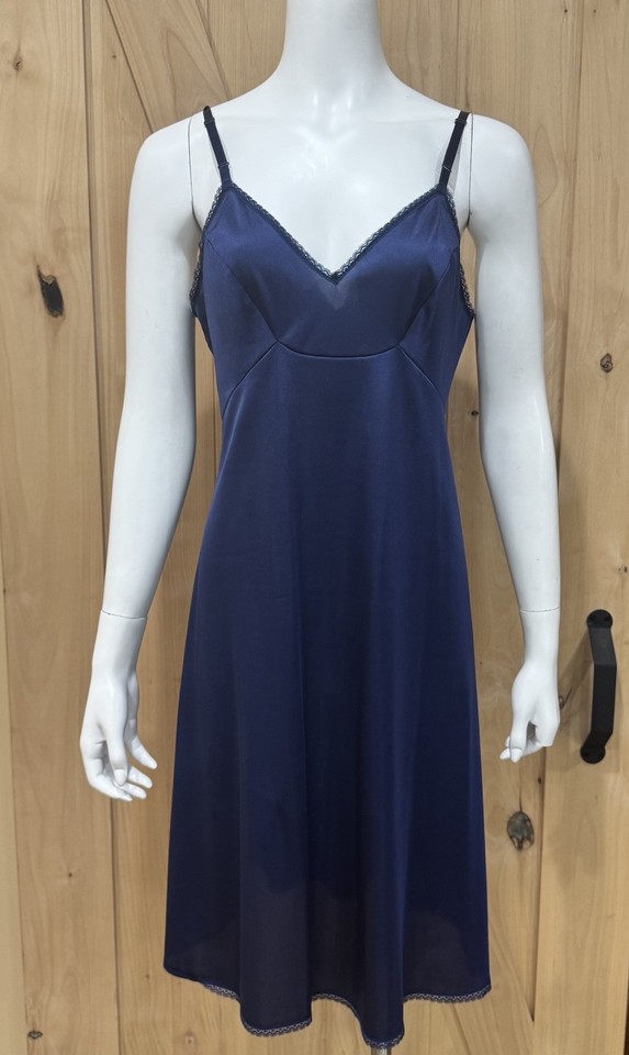 Vintage Vanity Fair Navy Blue Nylon Antron Full Dress Slip Lace Trim ...