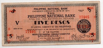 Philippines S626 5 Pesos Negros 1941 Circulating Bank Note WW2 Money AU ...