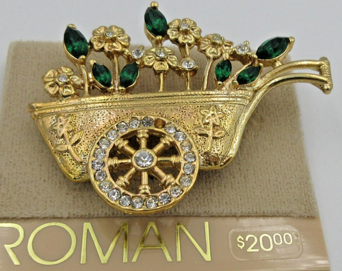 VTG ROMAN Gold Tone green 1 clear Rhinestone Miss Wheel Flower Cart ...