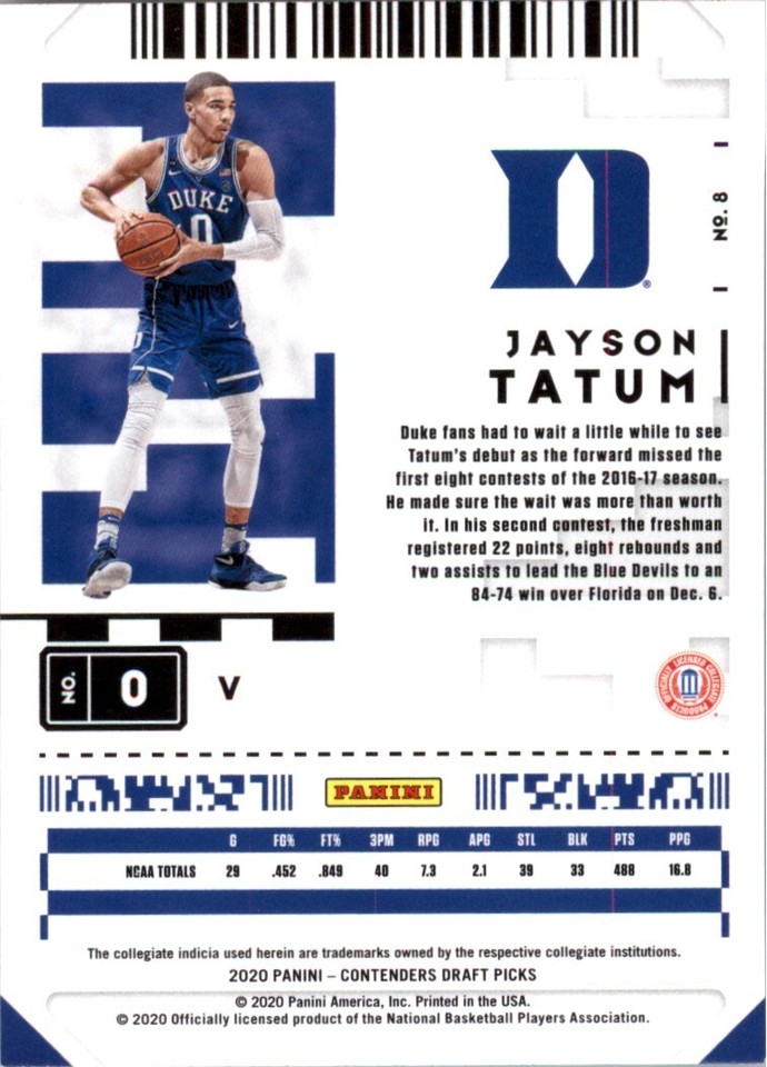 2020-21 Contenders DP Campus Ticket #8 Jayson Tatum Duke Blue Devils ...