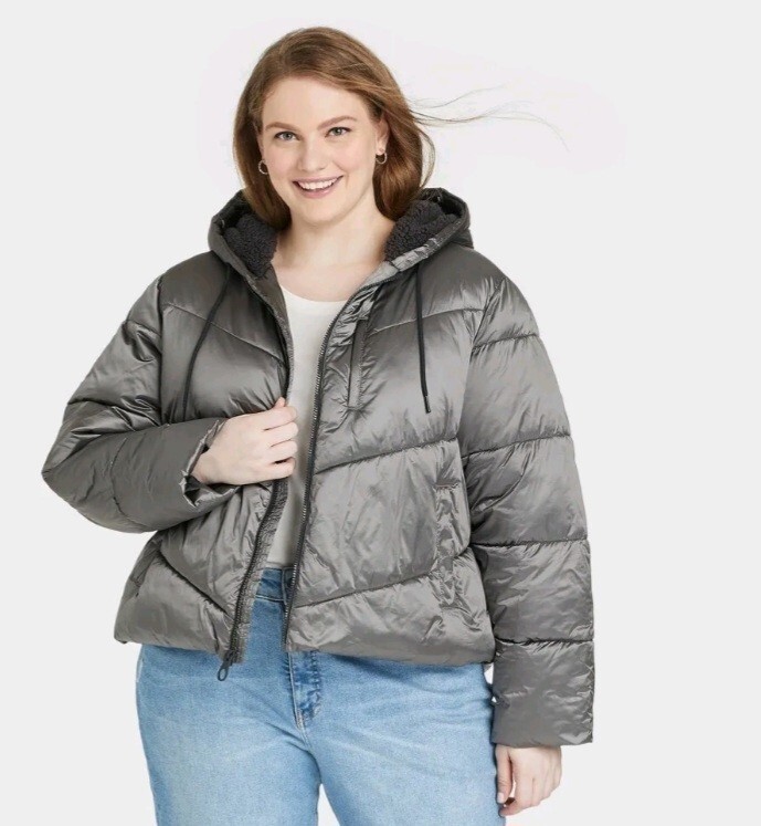 Ava & Viv Women's Cozy Gray Short Sherpa Lined Winter Puffer Jacket ...