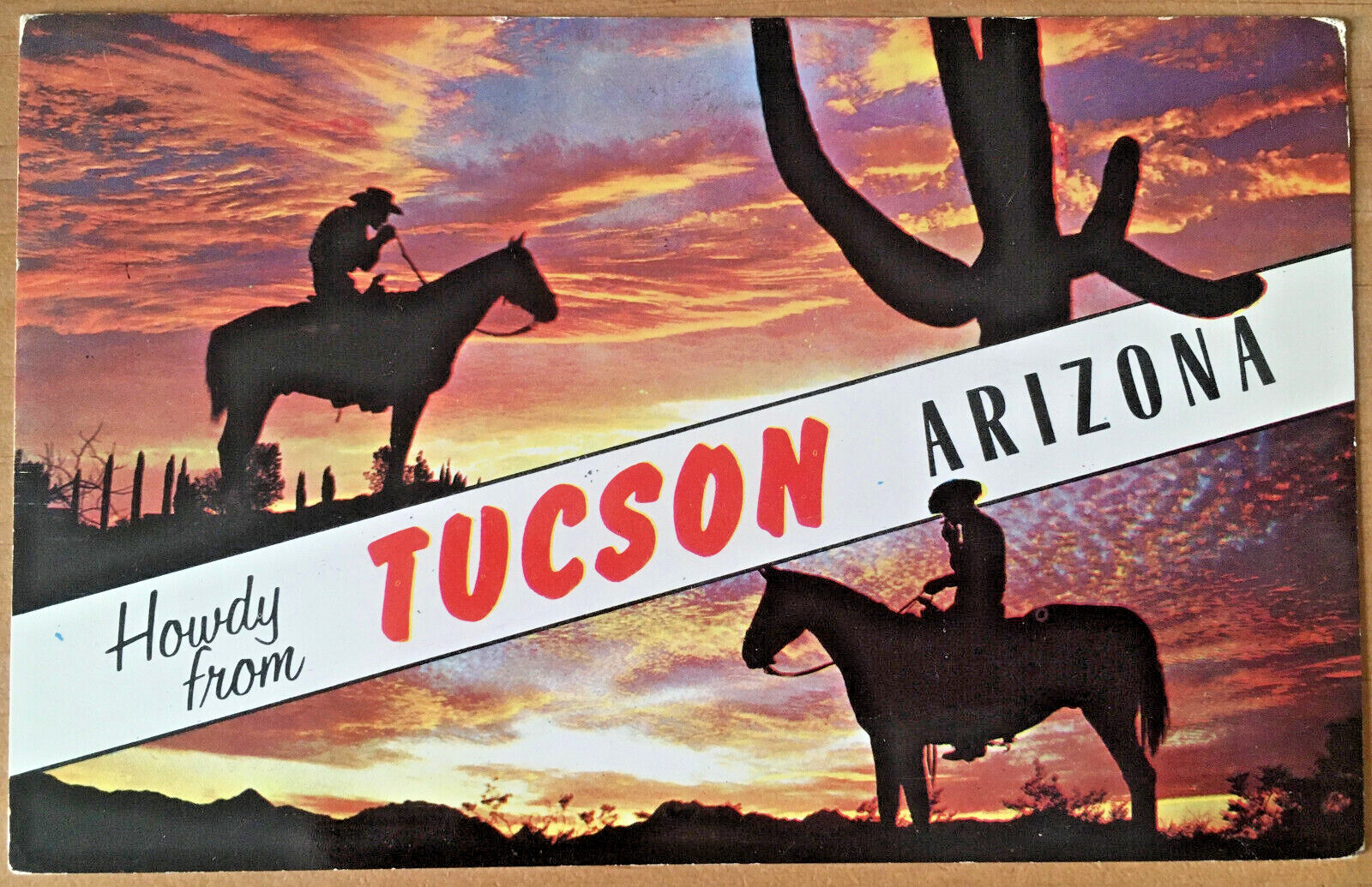 Howdy from Tucson AZ ~ SUNSET ~ Cowboys on Horses by Saguaro Postcard ...